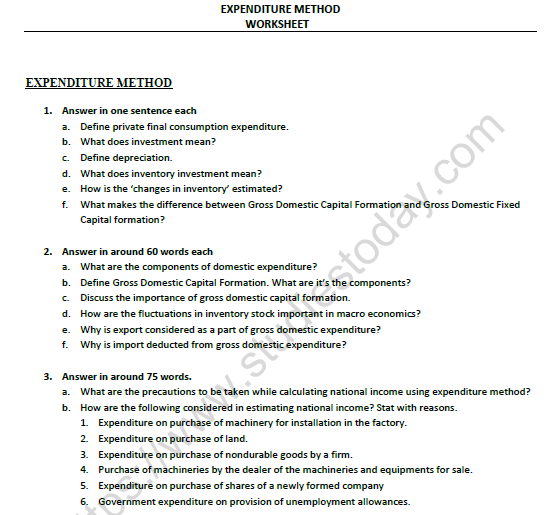 CBSE Class 12 Economics Expenditure Method Numericals Worksheet Set A